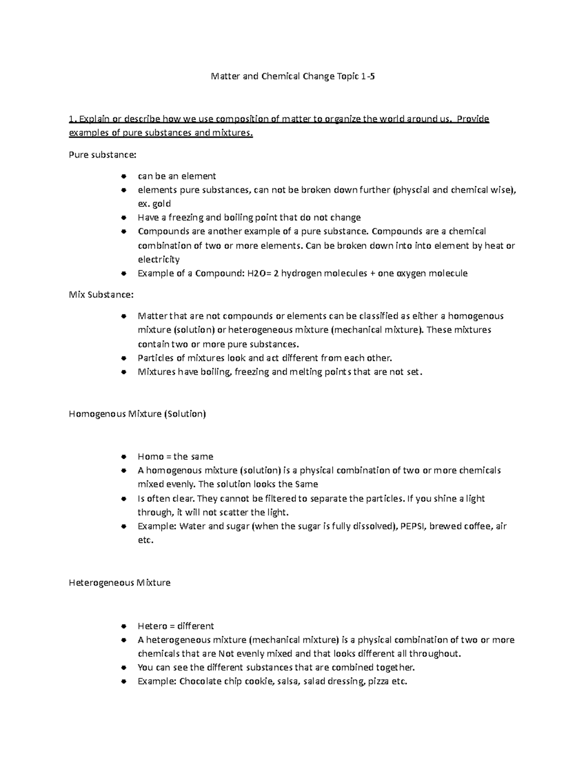 Matter and Chemical Change Topic 1-5 Study Guide - Matter and Chemical ...