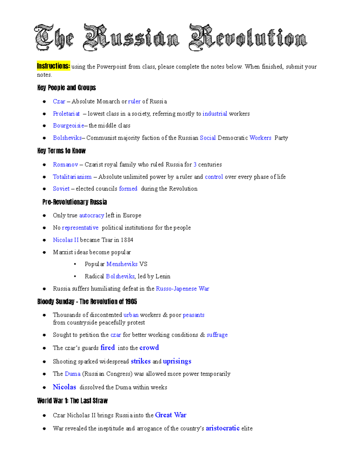 Russian Revolution Notes - Instructions: using the Powerpoint from ...
