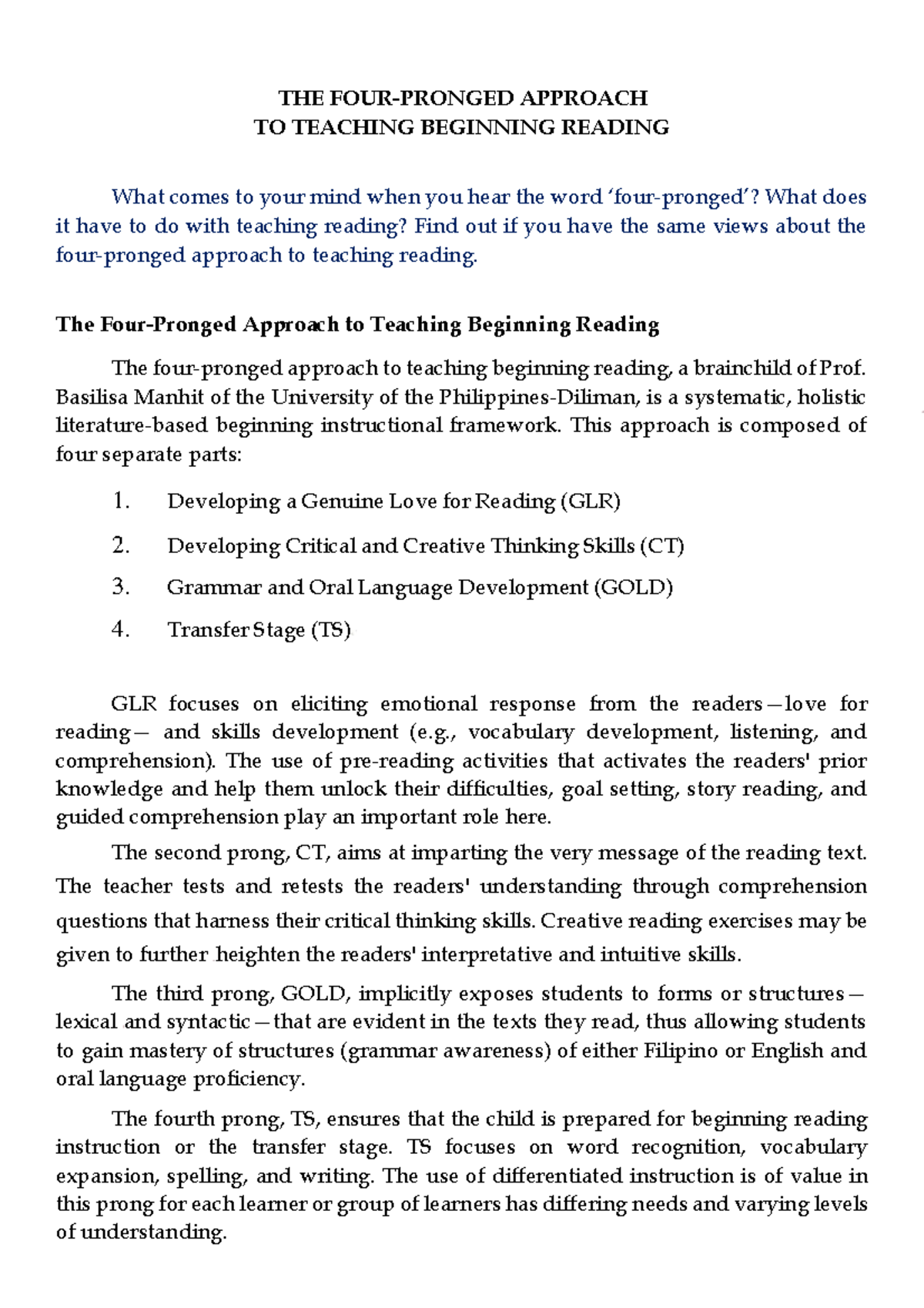 Four pronged approached - THE FOUR-PRONGED APPROACH TO TEACHING ...