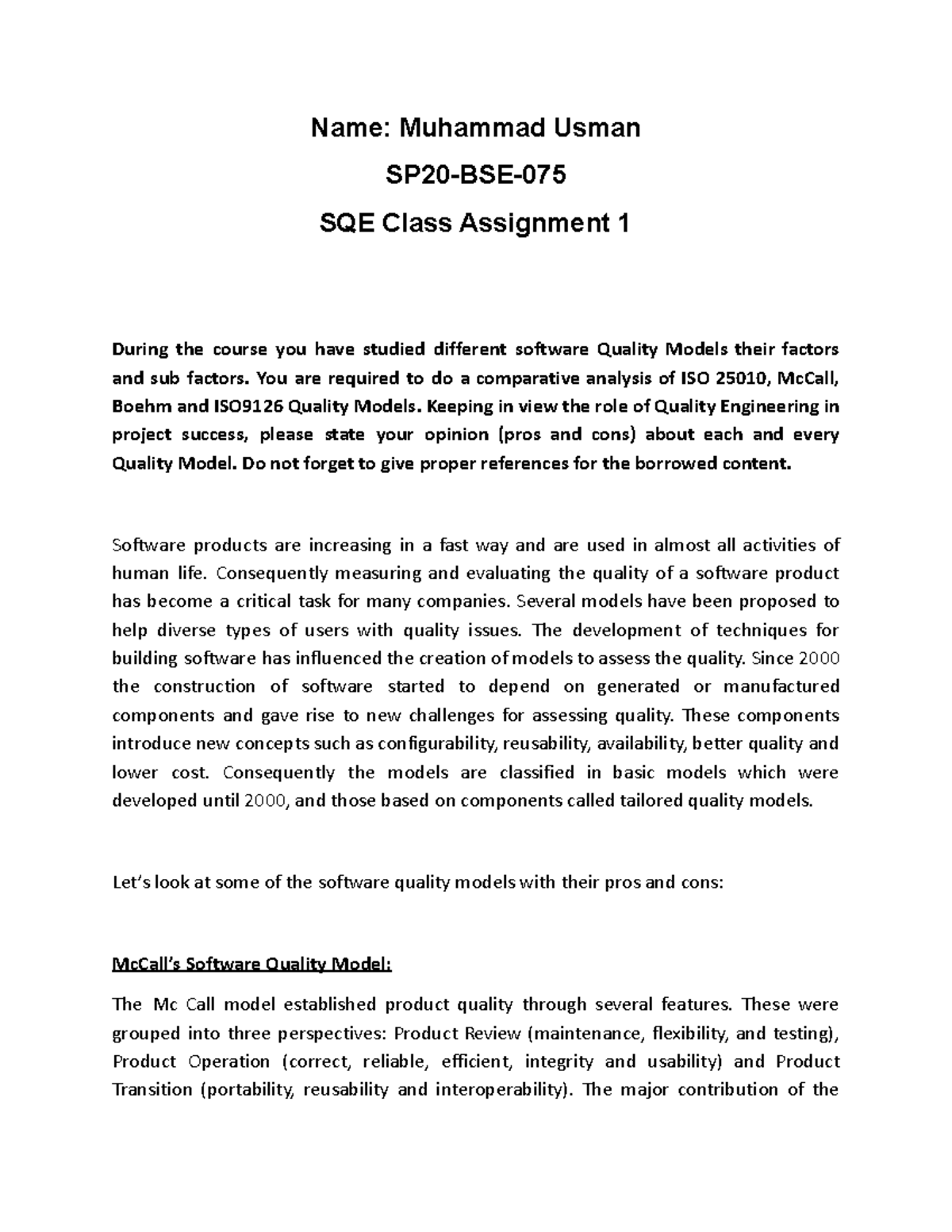 SQE Assignment 1 - pk ok ok ok - Name: Muhammad Usman SP20-BSE- SQE Class Assignment 1 During ...