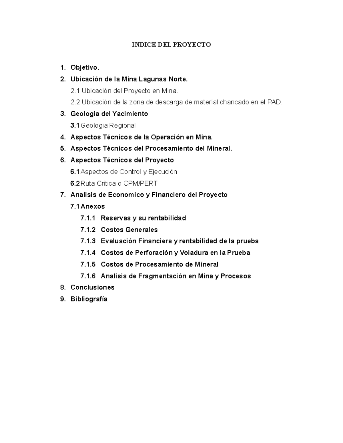 Indice del proyecto - Indicadores de operación - INDICE DEL PROYECTO 1 ...