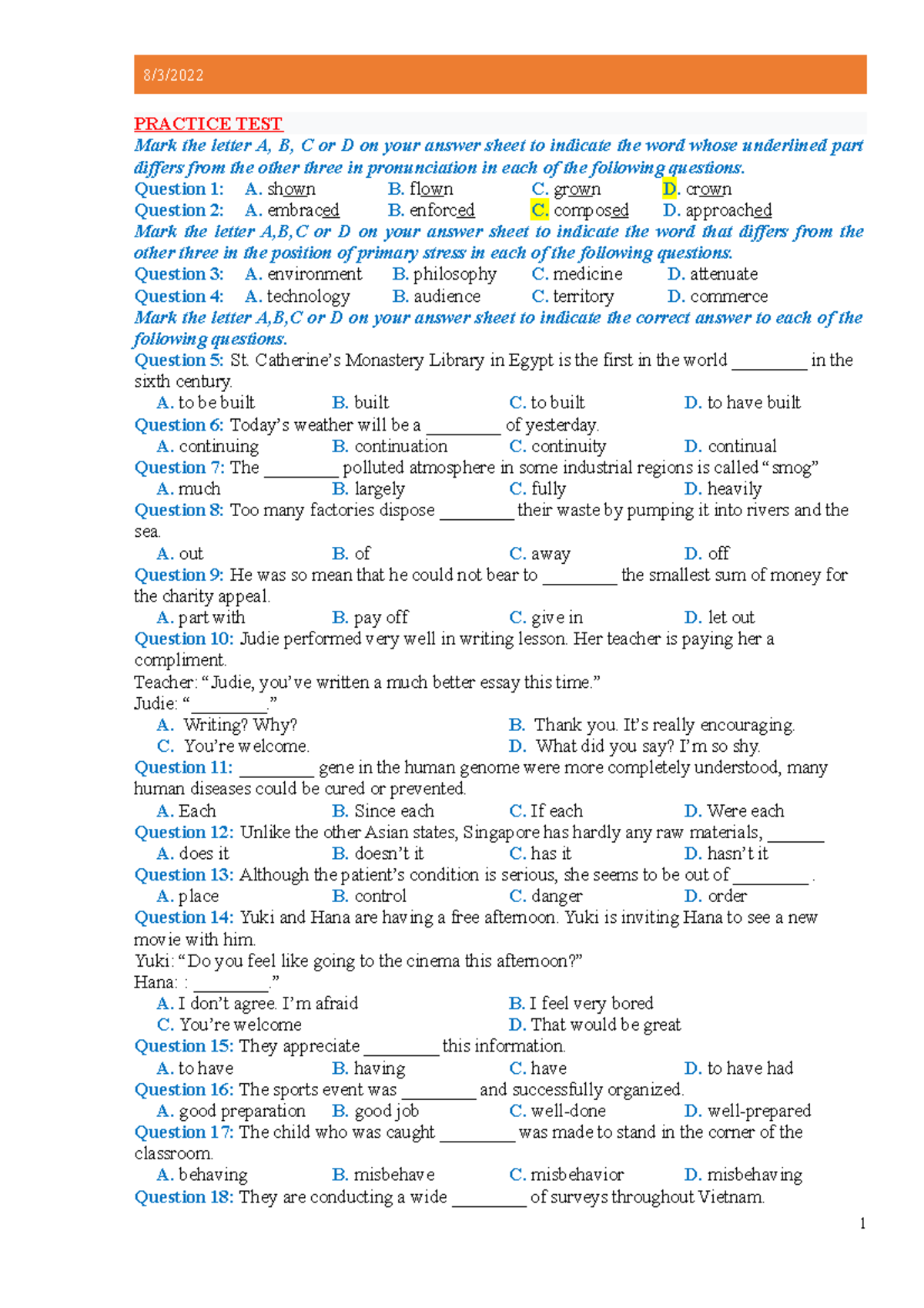 Practice TEST - homework - PRACTICE TEST Mark the letter A, B, C or D ...