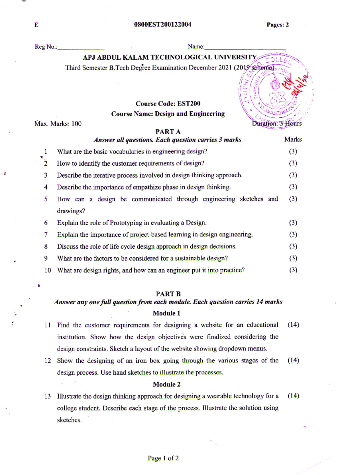 EST200 Design AND Engineering, December 2021 - E Reg No ...