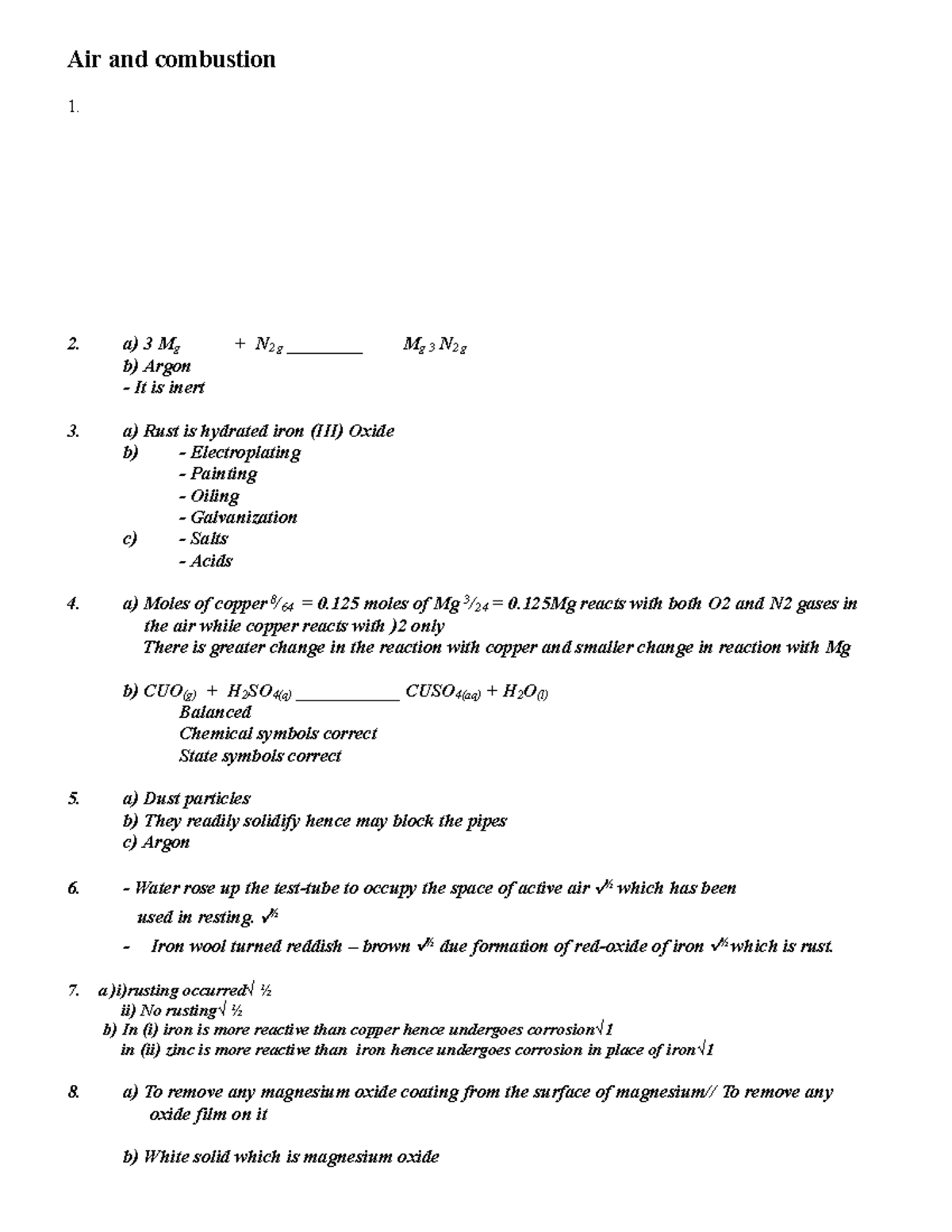 FORM 1 AIR AND Combustion ANS Teacher - Air and combustion 1. 2. a) 3 ...