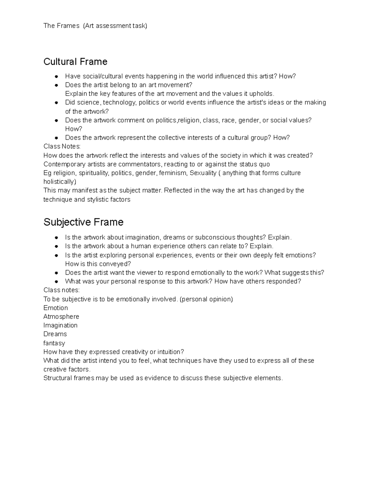 Art Assessment notes (the frames and artists) - Cultural Frame Have ...