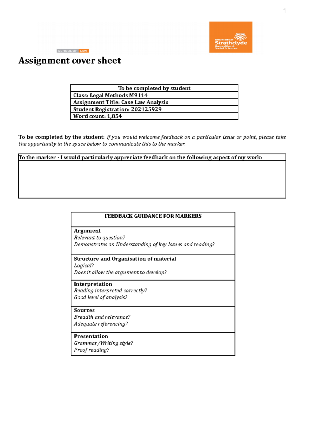 Legal Methods Case Analysis - Assignment cover sheet To be completed by ...