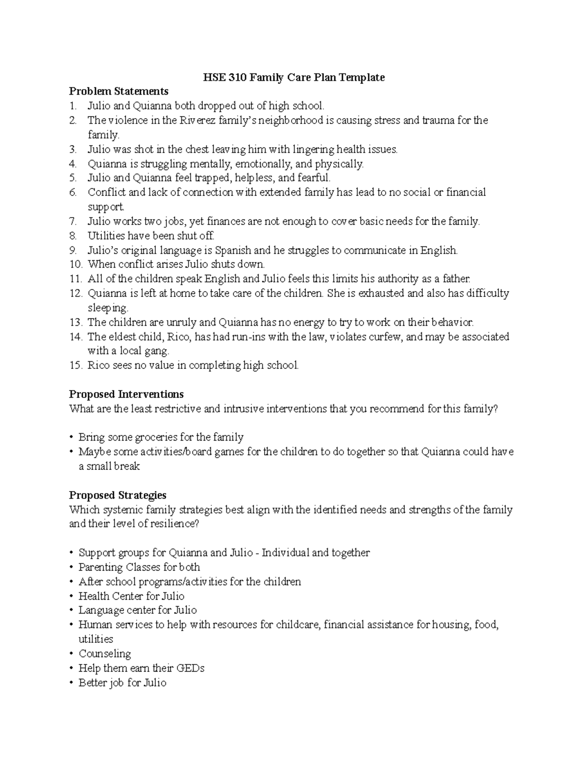 Milestone Three - HSE 310 Family Care Plan Template Problem Statements ...