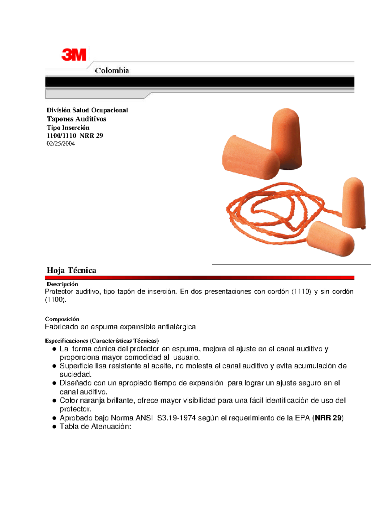 Ficha tecnica protector auditivo 3M 1100 1110 - División Salud Ocupacional Tapones Auditivos ...