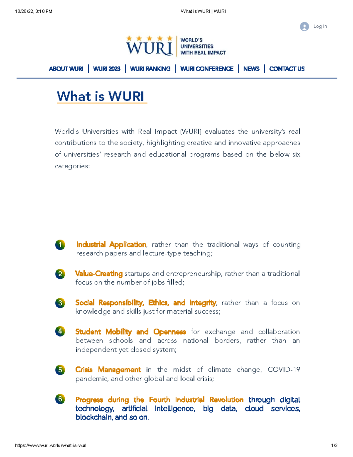 What is WURI - Log In ABOUT WURI WURI 2023 WURI RANKING WURI CONFERENCE NEWS CONTACT US 10/28/22 ...