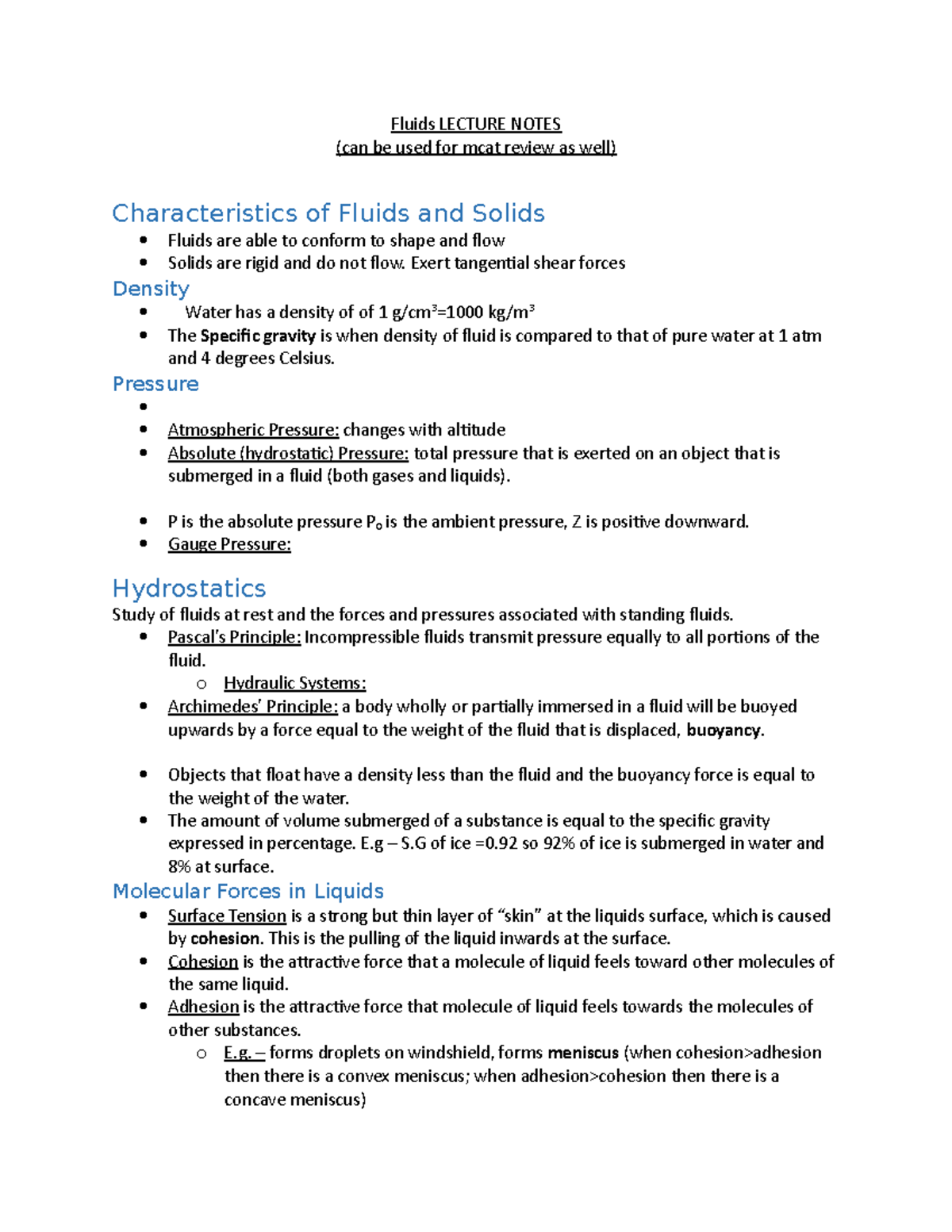 Fluids Detailed Lecture Notes Fluids Lecture Notes Can Be Used For