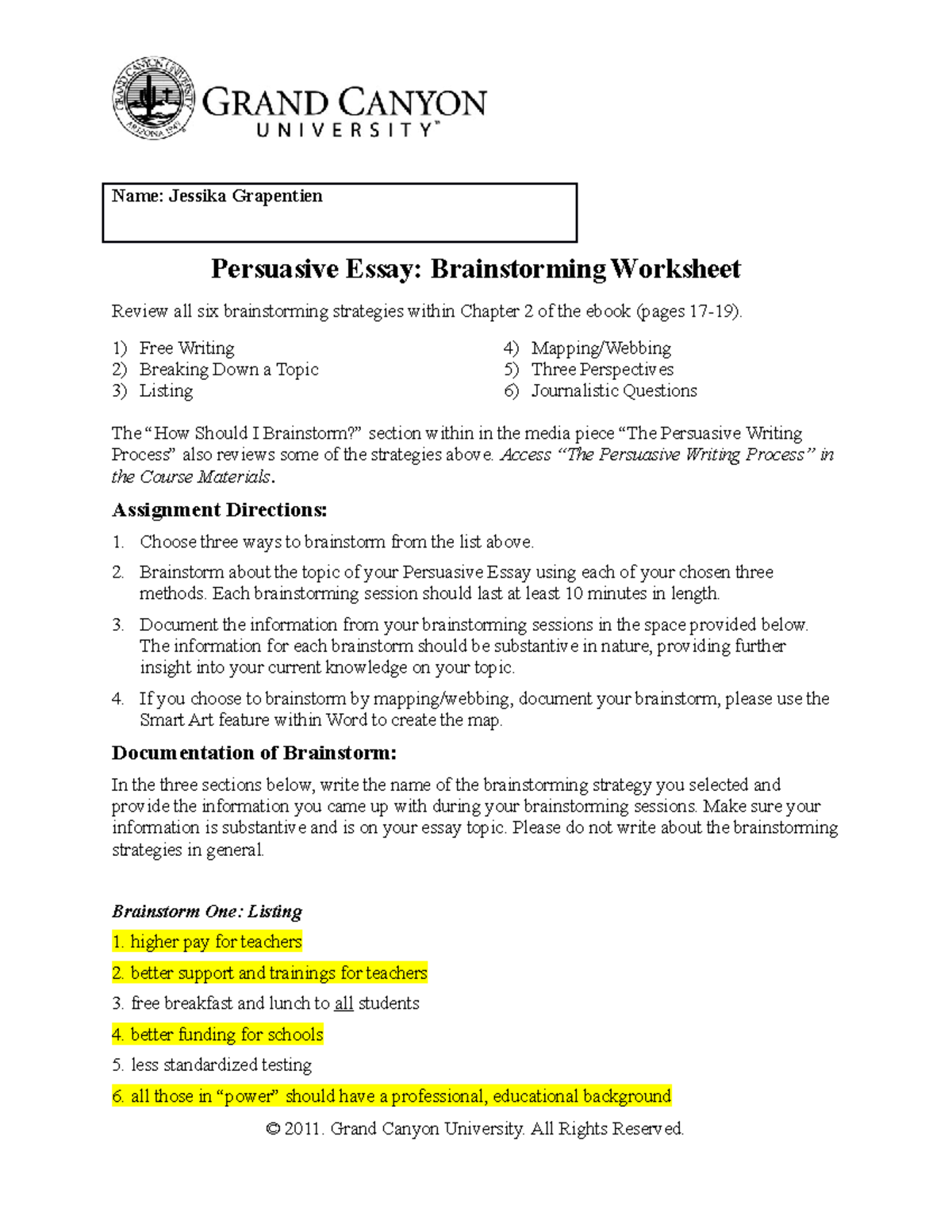 Brainstorming Worksheet - Name: Jessika Grapentien Persuasive Essay ...
