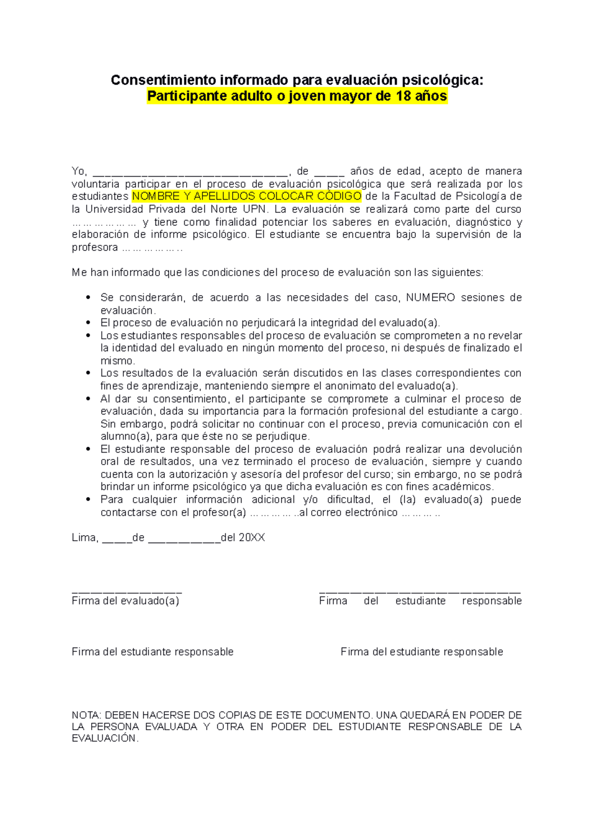 Modelo De Consentimiento Informado Psicologia