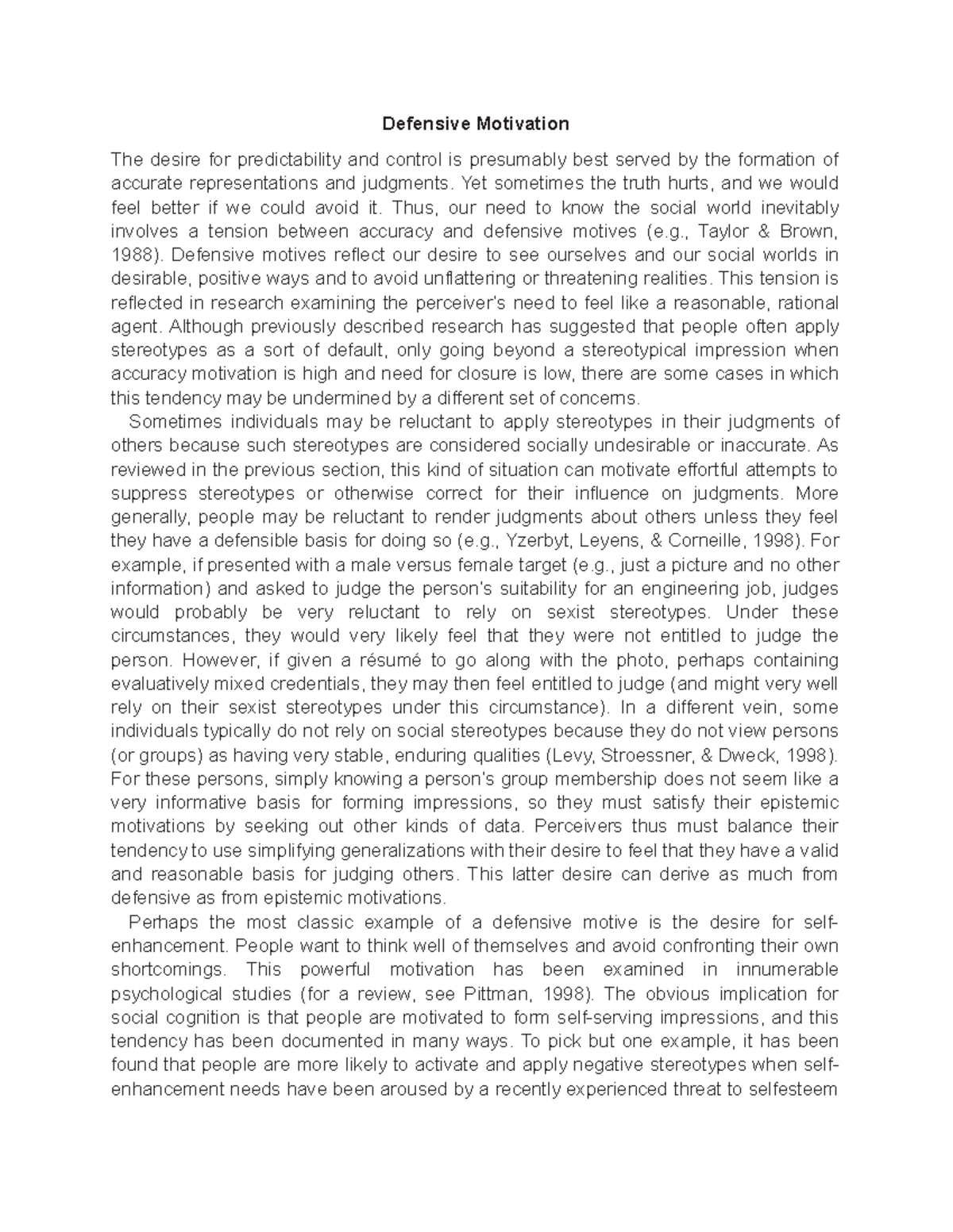 Social Cognition - Defensive Motivation The desire for predictability ...