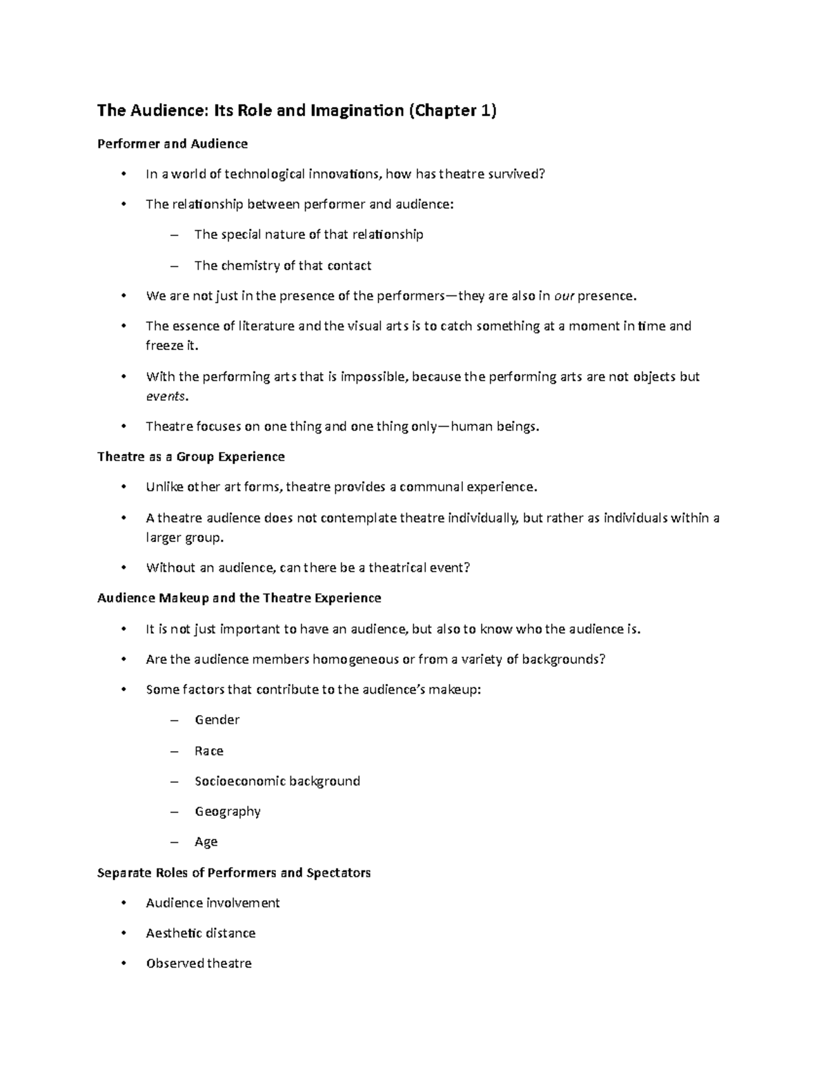 Theater CH. 1-3 Notes - The Audience: Its Role and Imagination (Chapter ...