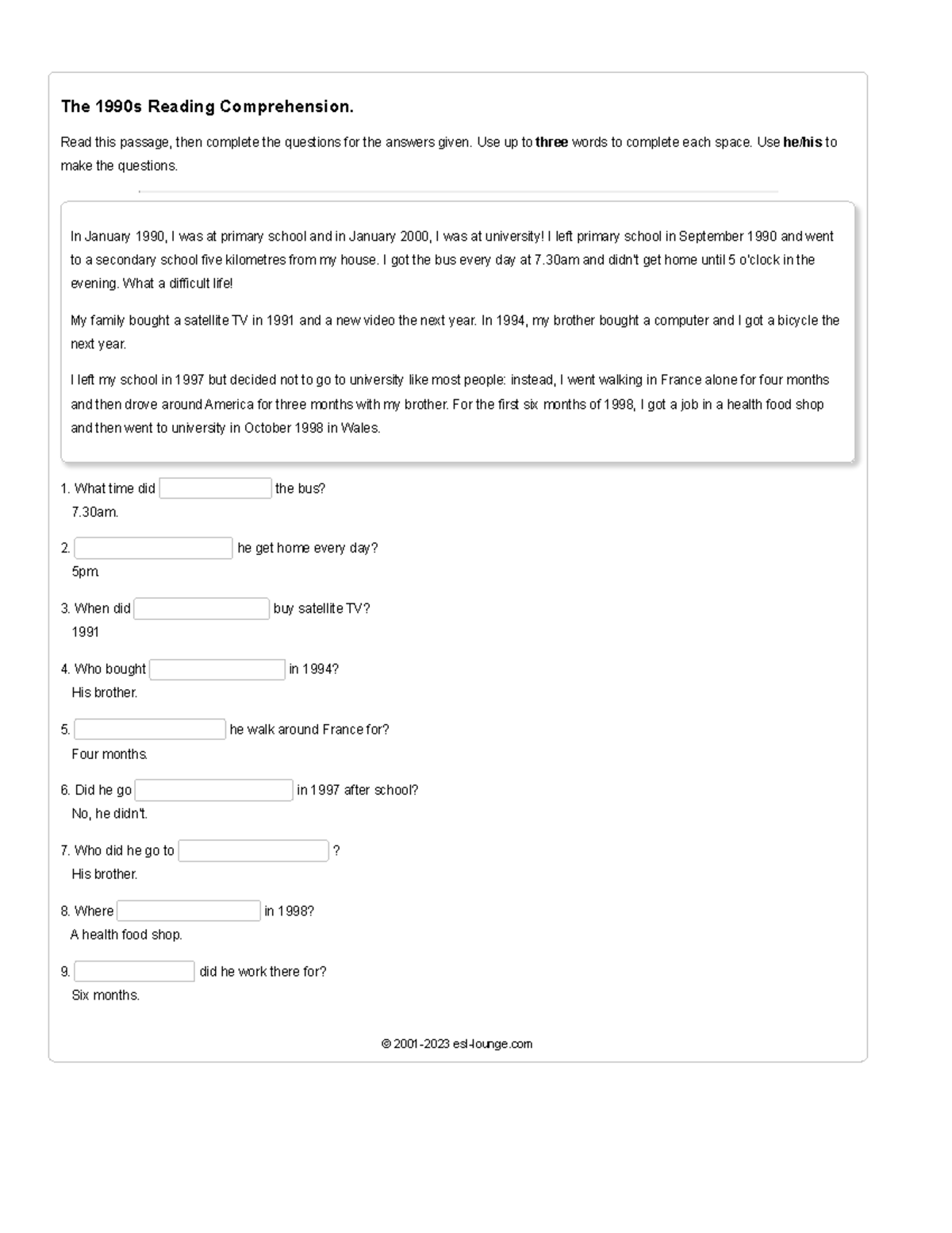 Elementary Reading The 1990s esl-lounge Student Making Questions - The ...