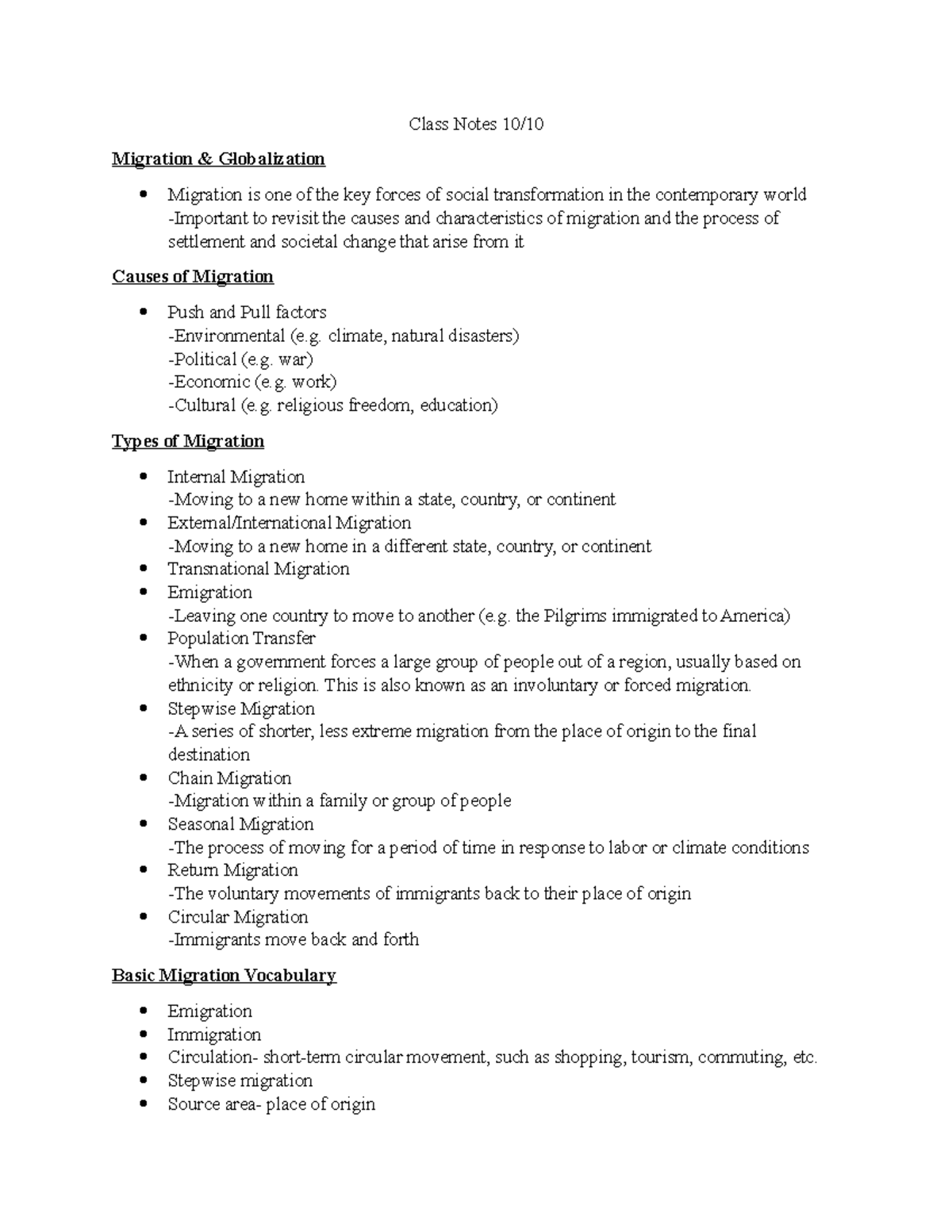 Class Notes (Lecture 16) - Class Notes 10/ Migration & Globalization ...