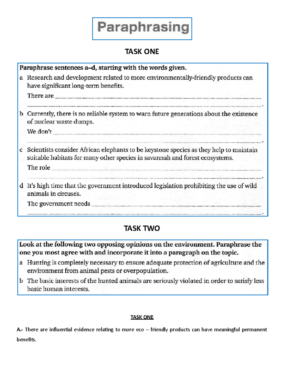 Paraphrasing - PARAPHRASE - TASK ONE TASK TWO TASK ONE A.- There are influential evidence ...
