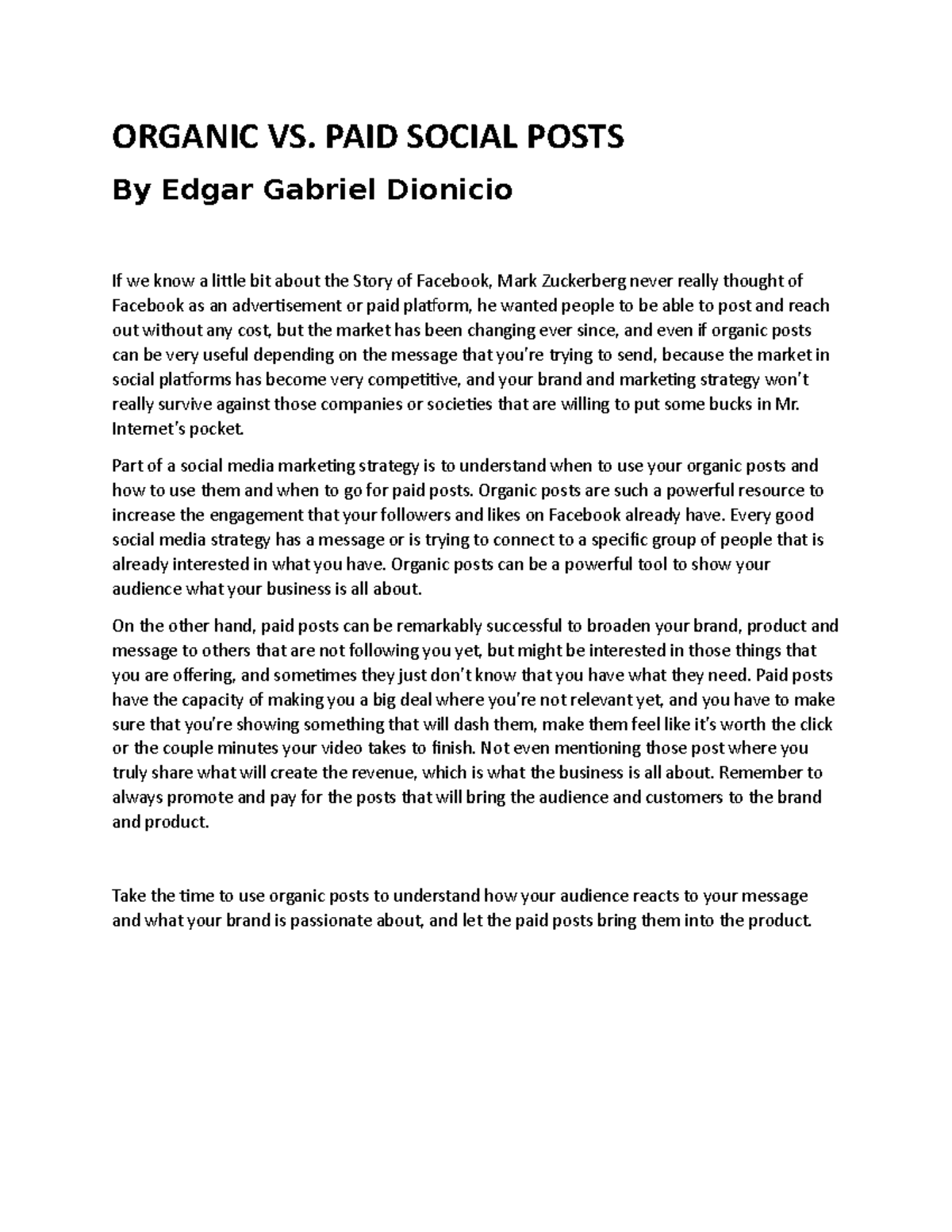 Organic vs paid summary - ORGANIC VS. PAID SOCIAL POSTS By Edgar ...