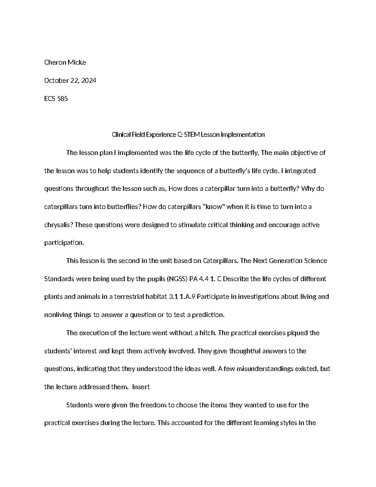 Clinical Field Experience C-STEM Lesson Implementation - Cheron Micke ...