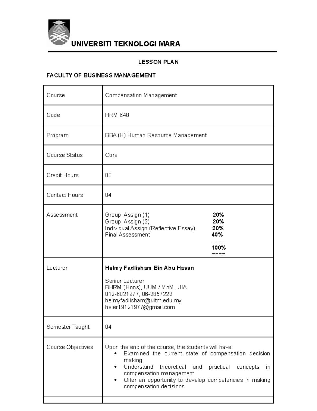 Lesson PLAN MAC OGOS 2021 - UNIVERSITI TEKNOLOGI MARA LESSON PLAN ...