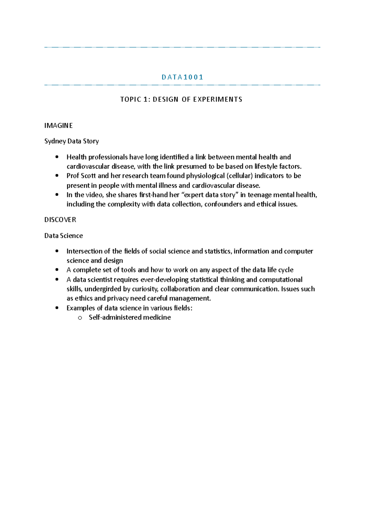 DATA1001 notes - D A T A 1 0 0 1 TOPIC 1: DESIGN OF EXPERIMENTS IMAGINE ...