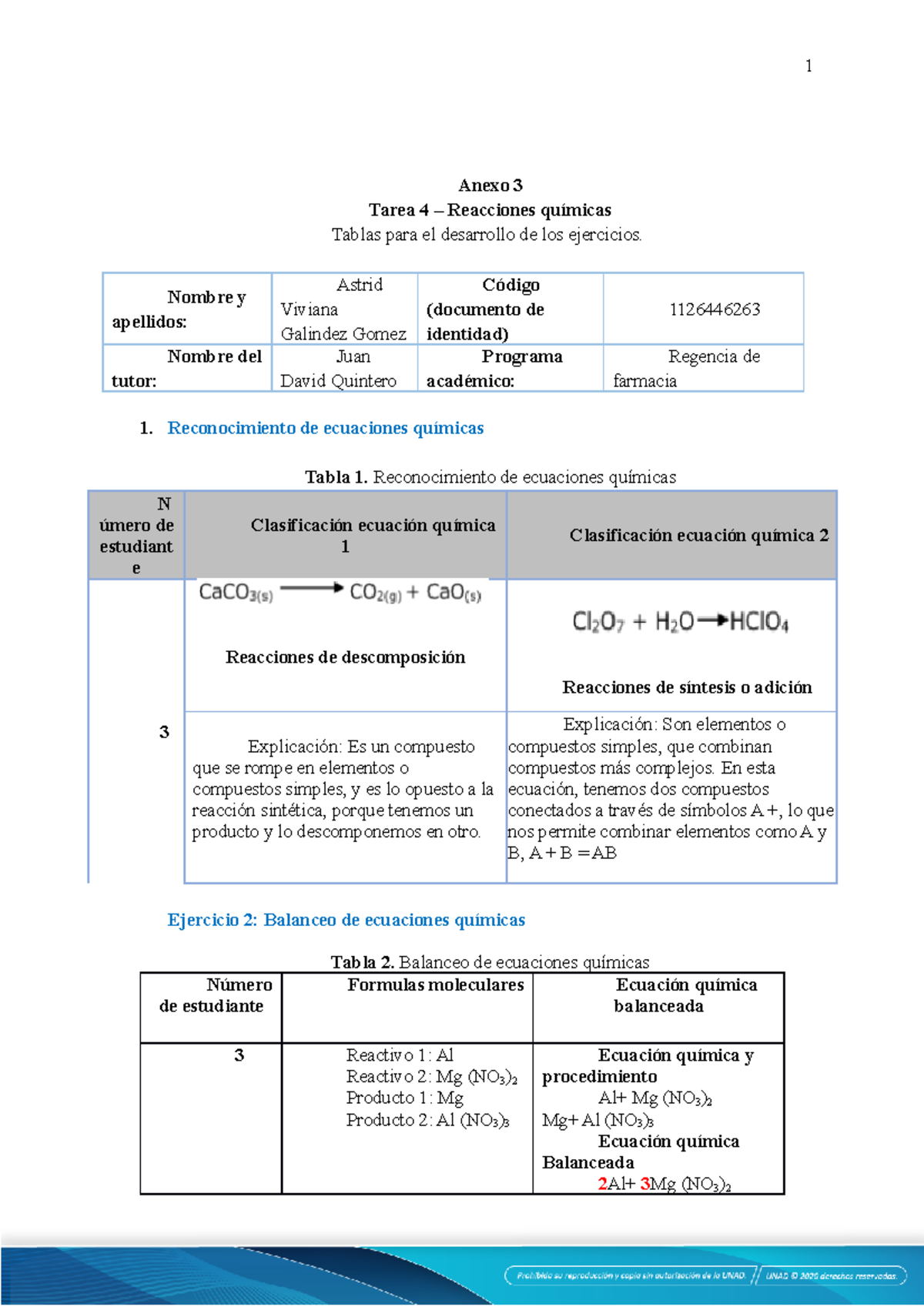 Astrid Galindez Anexo 3 - Anexo 3 Tarea 4 – Reacciones químicas Tablas para el desarrollo de los ...