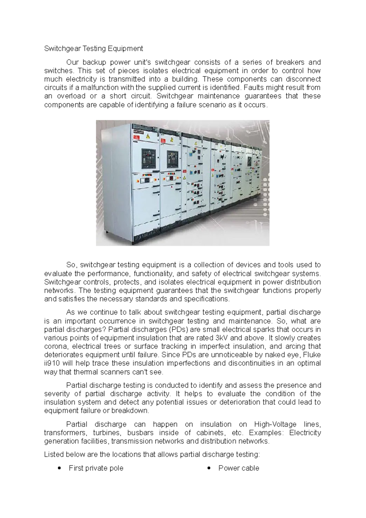 Electrical Machines - Switchgear Testing Equipment Our backup power ...