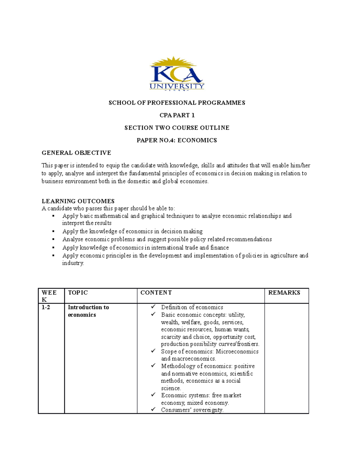 Economics - SCHOOL OF PROFESSIONAL PROGRAMMES CPA PART 1 SECTION TWO ...