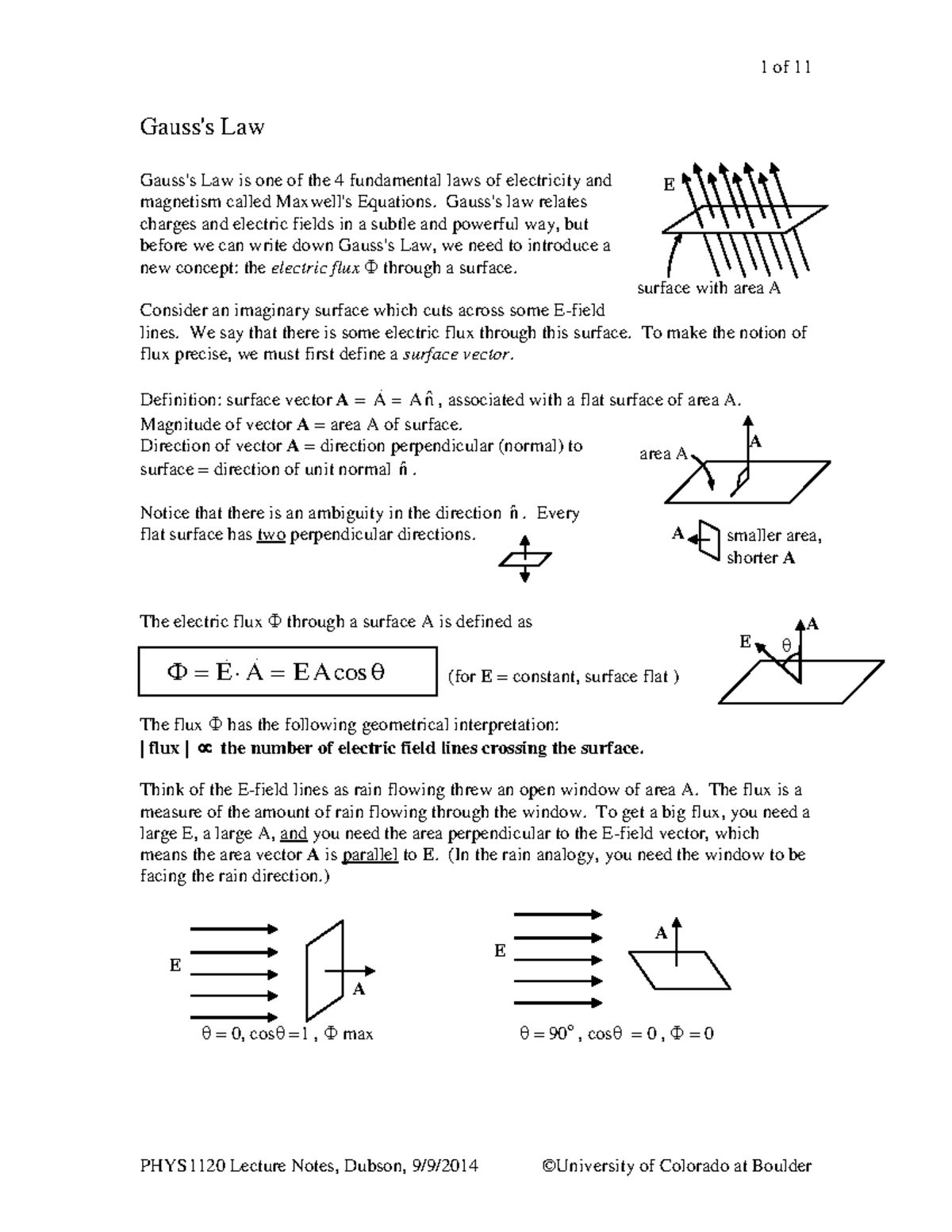 Gauss - E surface with area A A area A A smaller area, shorter A A E Gauss's Law Gauss's Law is ...