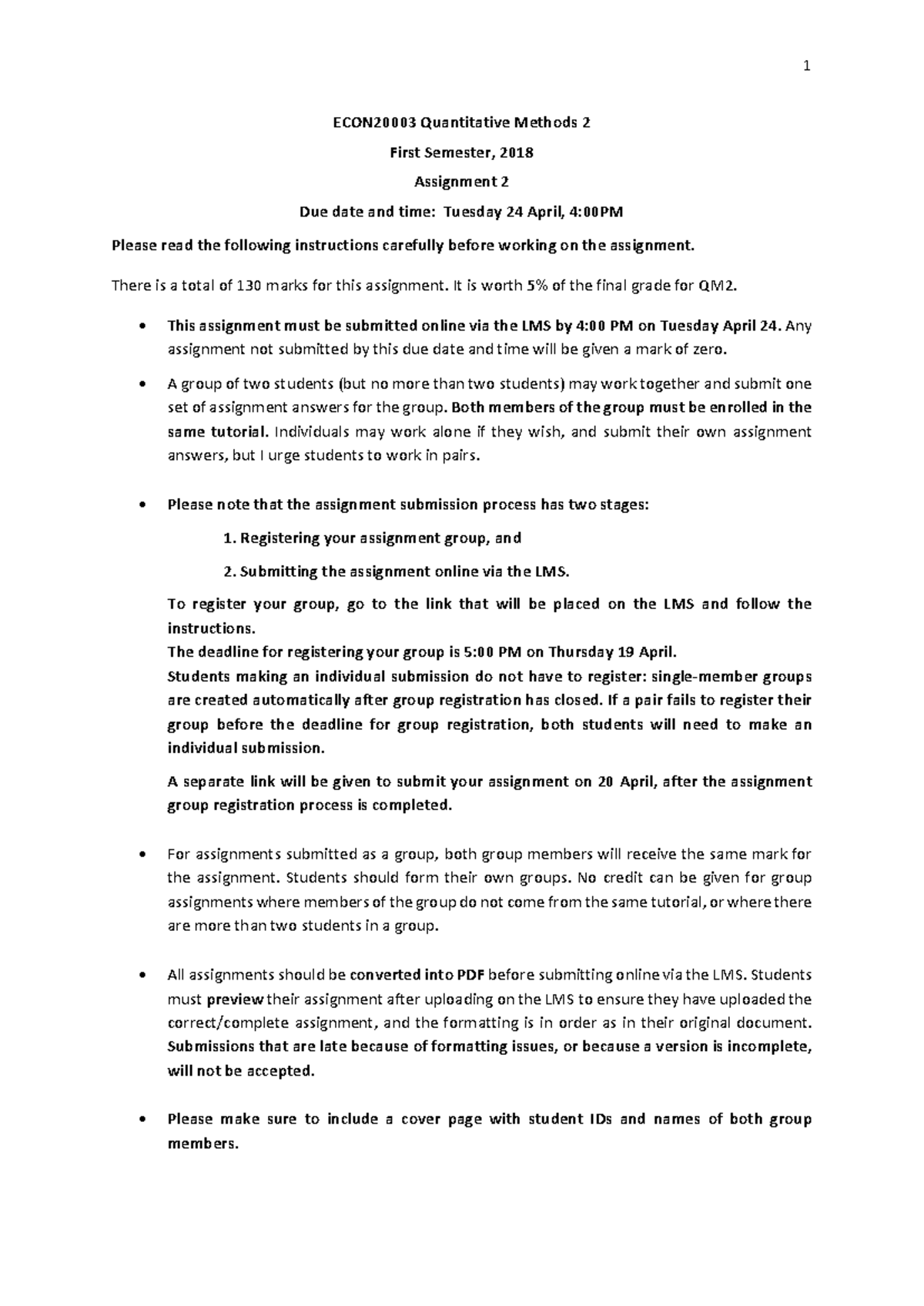 Assignment 2 Econ20003 Quantitative Methods 2 First Semester 2018 Assignment 2 Due Date And