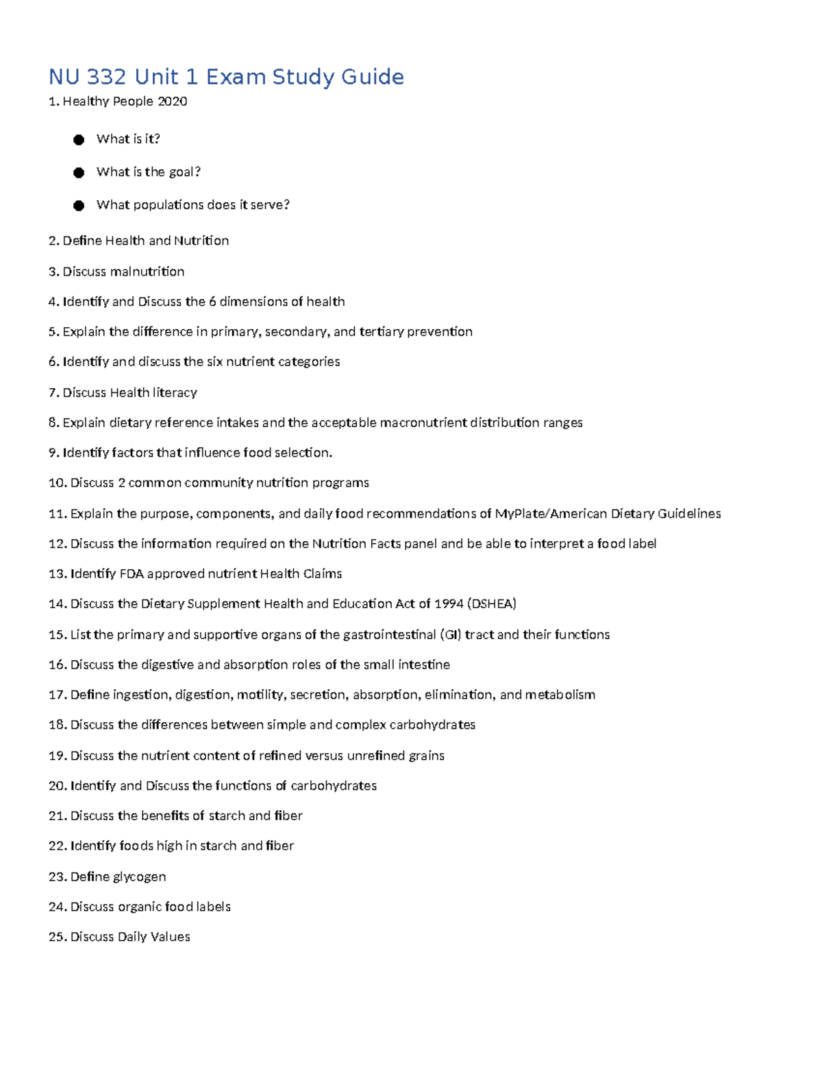 NU 332 Unit 1 Exam Study Guide - NU 332 Unit 1 Exam Study Guide 1 ...