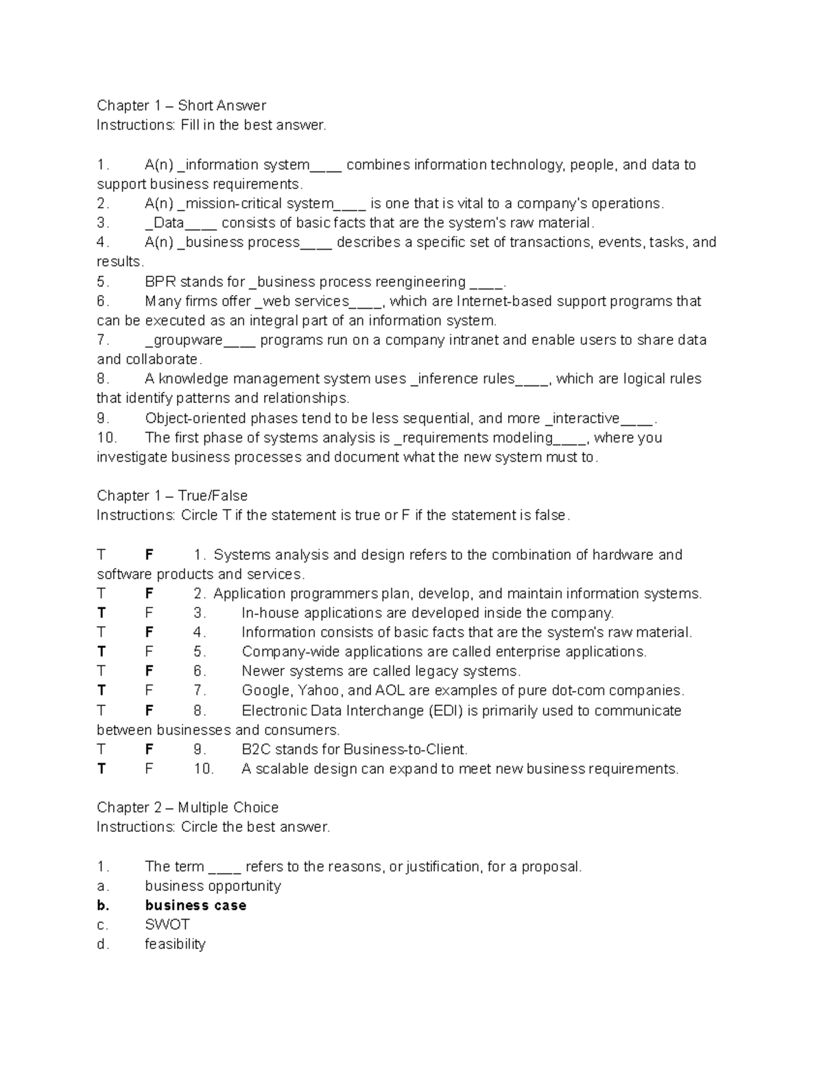 System Analysis and Design Practice Midterm - Chapter 1 – Short Answer ...