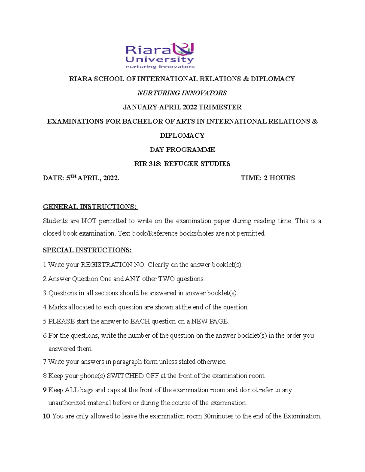 Final Exam Refugee Studies - RIARA SCHOOL OF INTERNATIONAL RELATIONS ...