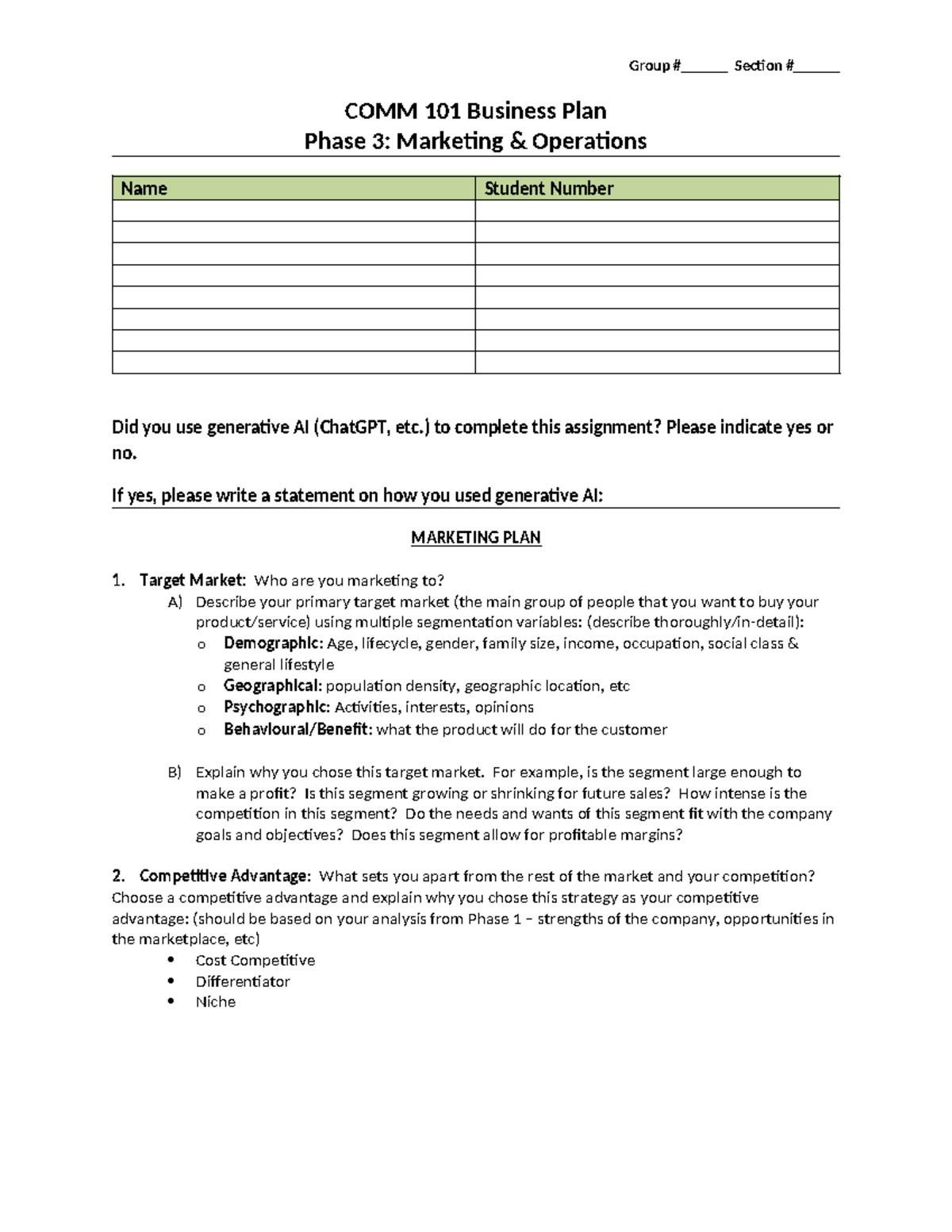 COMM 101 Phase 3 - Marketing & Operations 2020 - Group #______ Section ...