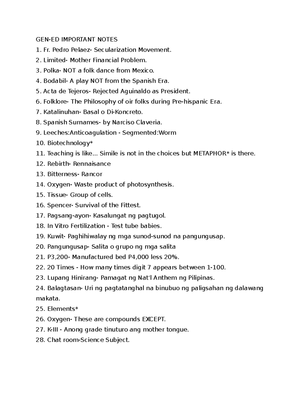 GEN ed important note latest - GEN-ED IMPORTANT NOTES Fr. Pedro Pelaez ...