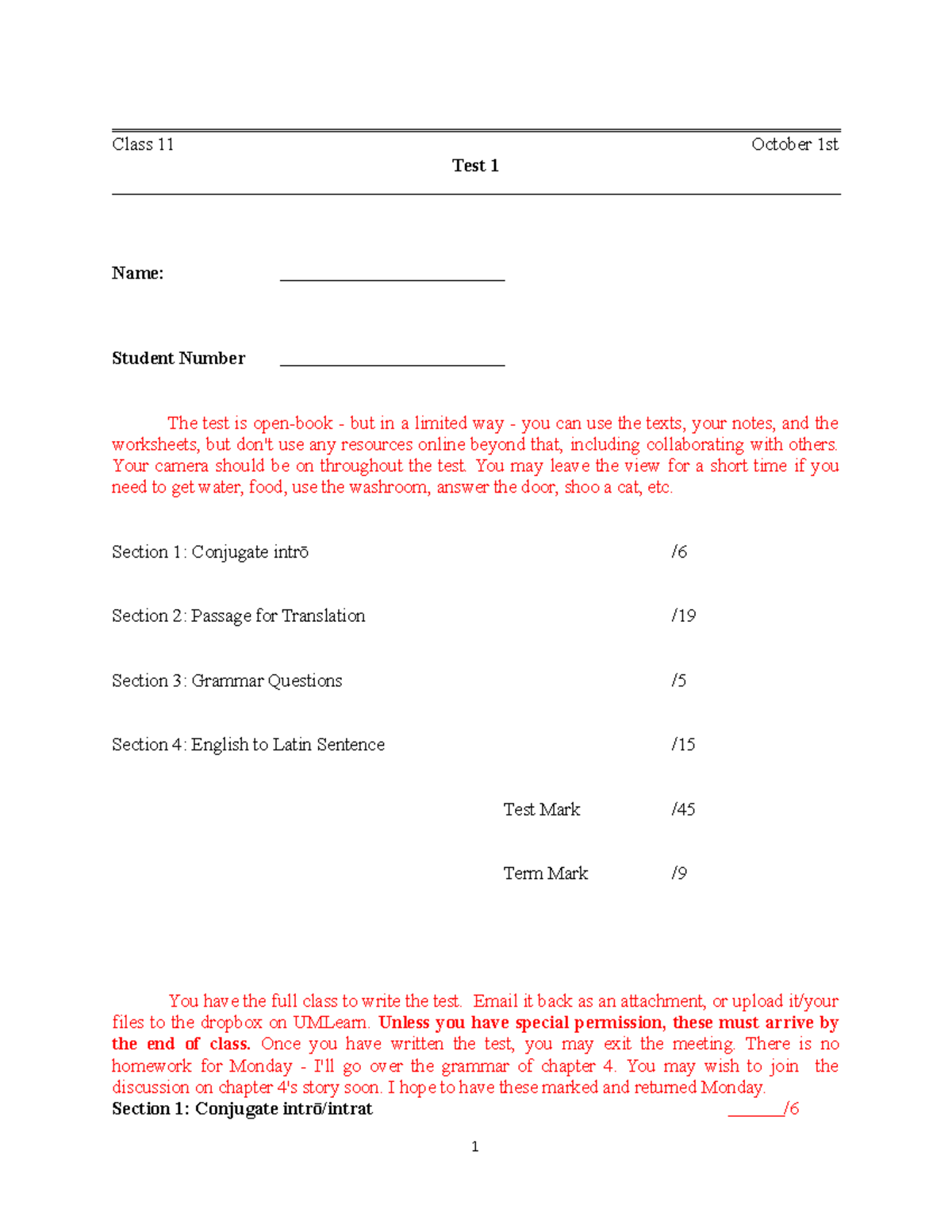 Test 1 2021 Fall - latin test 1 - Class 11 October 1st Test 1 Name ...