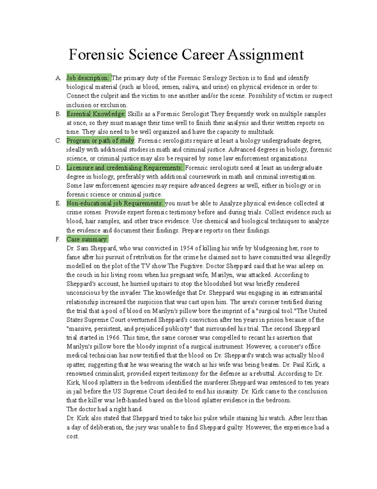 Forensic Science Career Assignment - Job description: The primary duty ...
