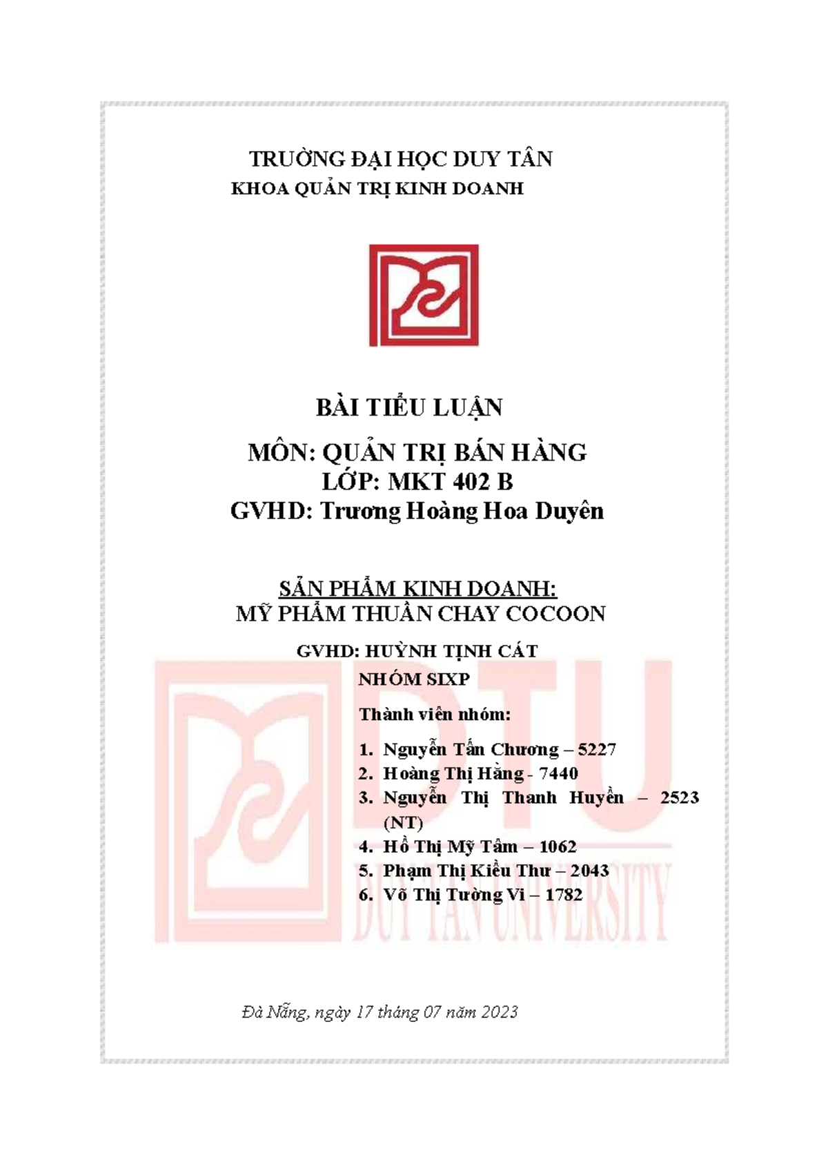 MKT 402 SC NHÓM SIXP MỸ PHẨM THUẦN CHAY Cocoon - TRUỜNG ĐẠI HỌC DUY TÂN KHOA QUẢN TRỊ KINH DOANH ...