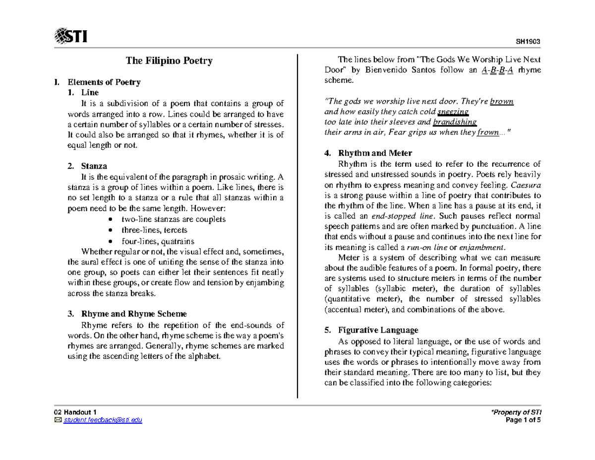 G11-02 Handout 1 - 02 Handout 1 *Property of STI The Filipino Poetry I ...