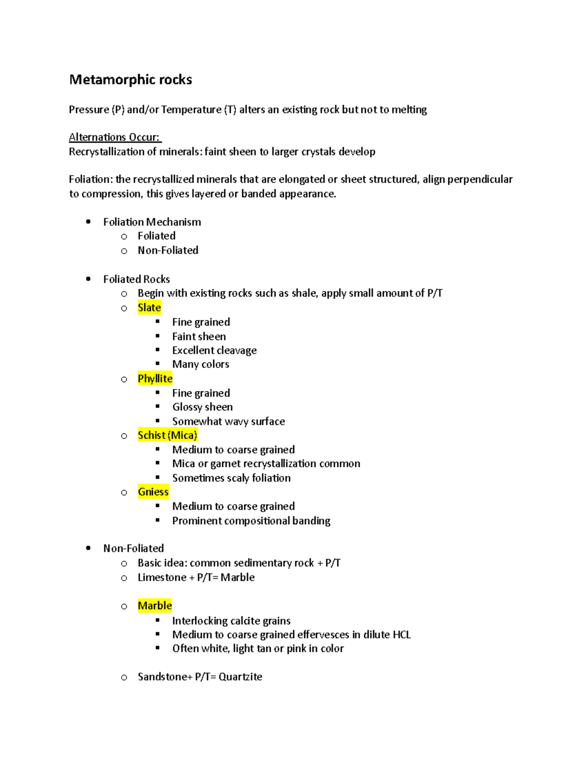 Metamorphic rocks - Lecture notes 1 - Metamorphic rocks Pressure (P ...