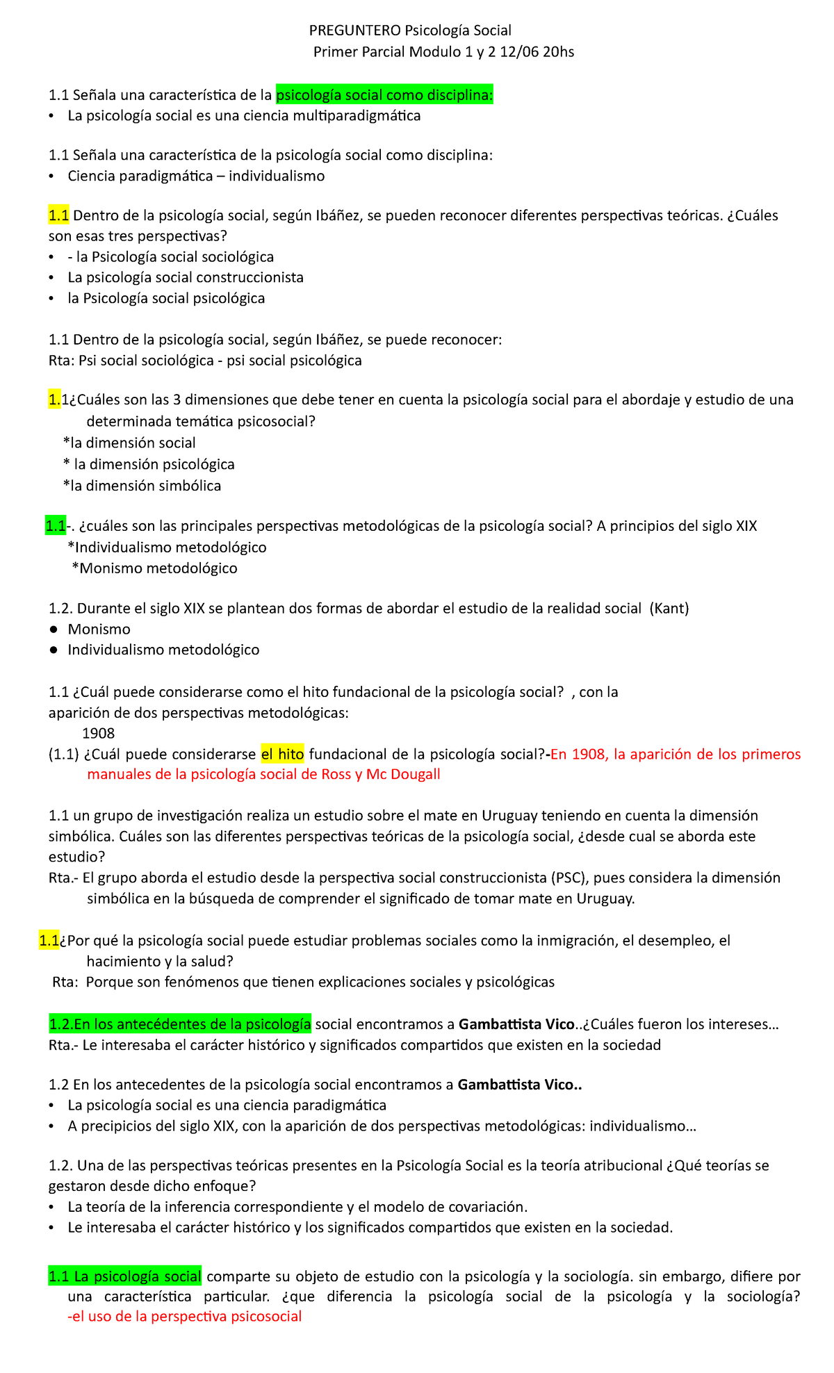 Preguntero Psicosocial 17 - PREGUNTERO Psicología Social Primer Parcial Modulo 1 y 2 12/06 20hs ...