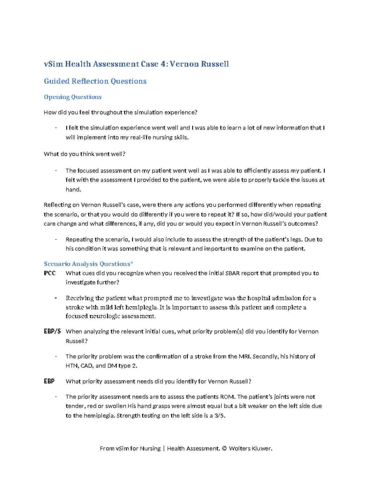 Guided reflection questions Vernon Russell - vSim Health Assessment ...