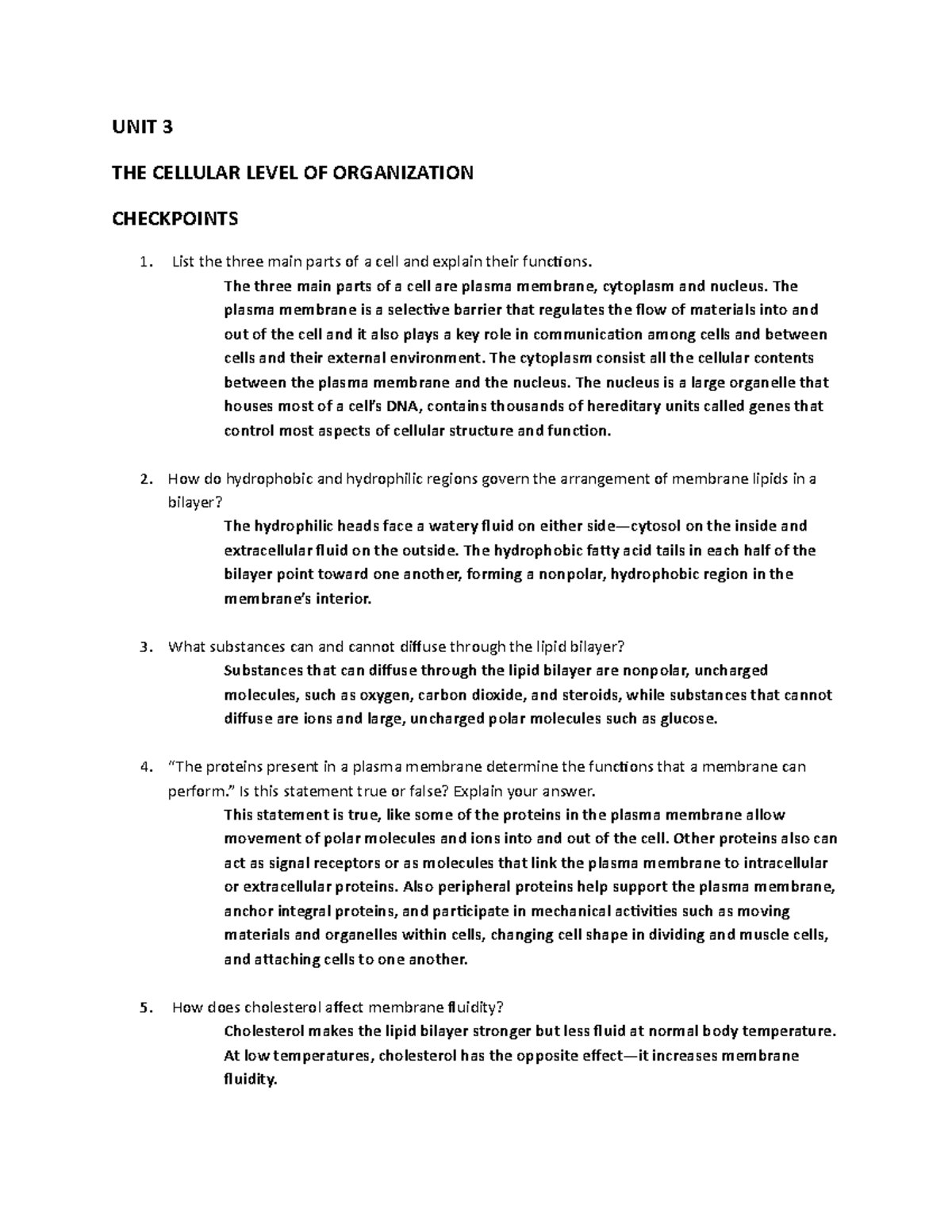 UNIT 3 THE Cellular Level OF Organization Checklist & Answers Principle ...