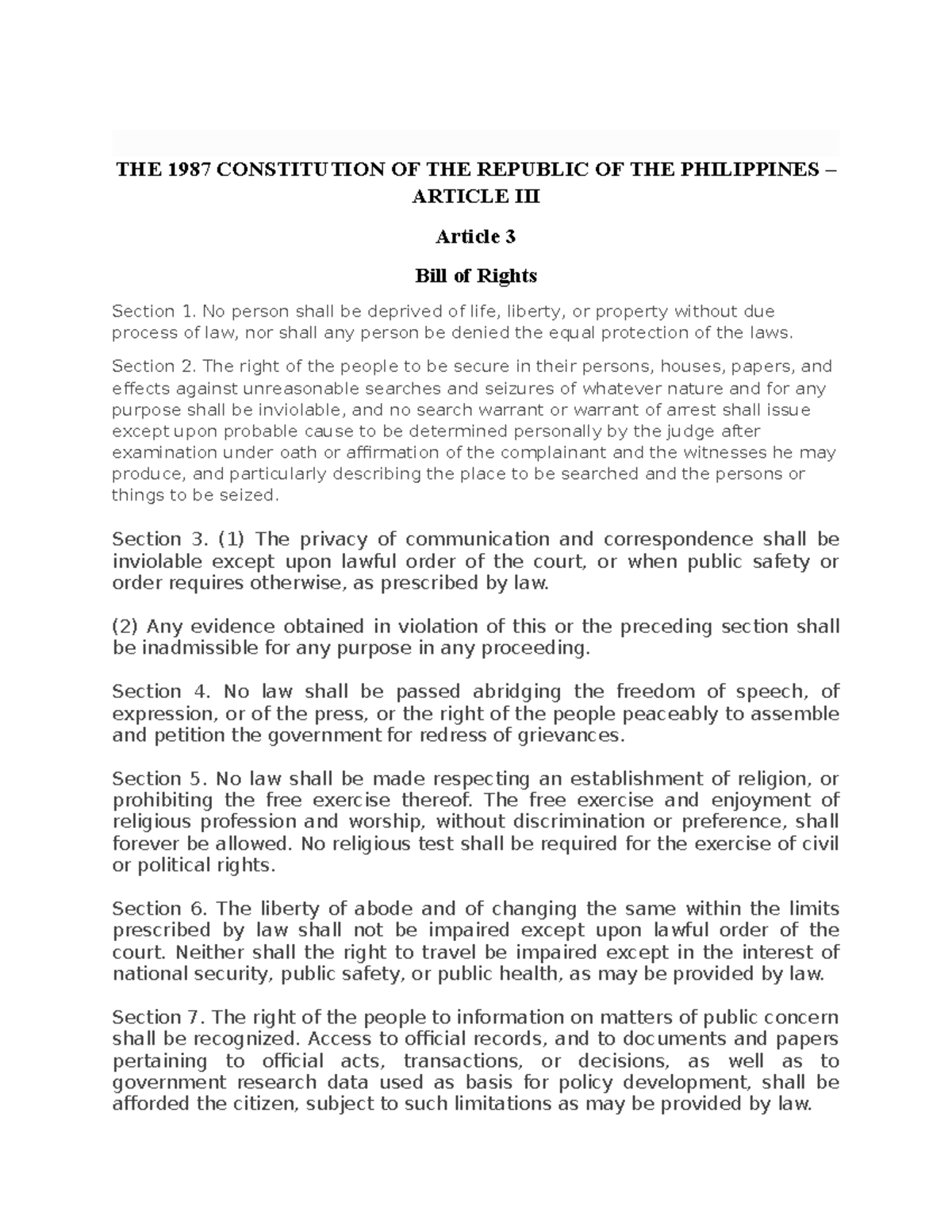 Art 3 Bill of Rights - THE 1987 CONSTITUTION OF THE REPUBLIC OF THE PHILIPPINES – ARTICLE III ...