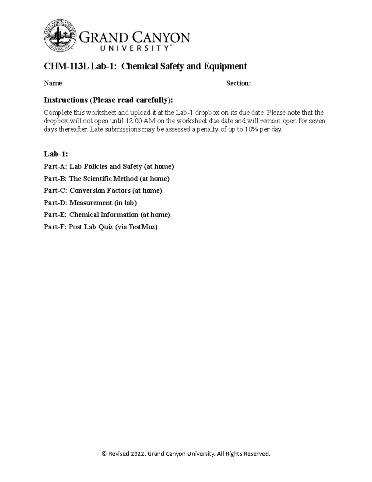 CHM113L L1 Chemical Safety Worksheet SU23 - CHM-113L Lab-1: Chemical ...