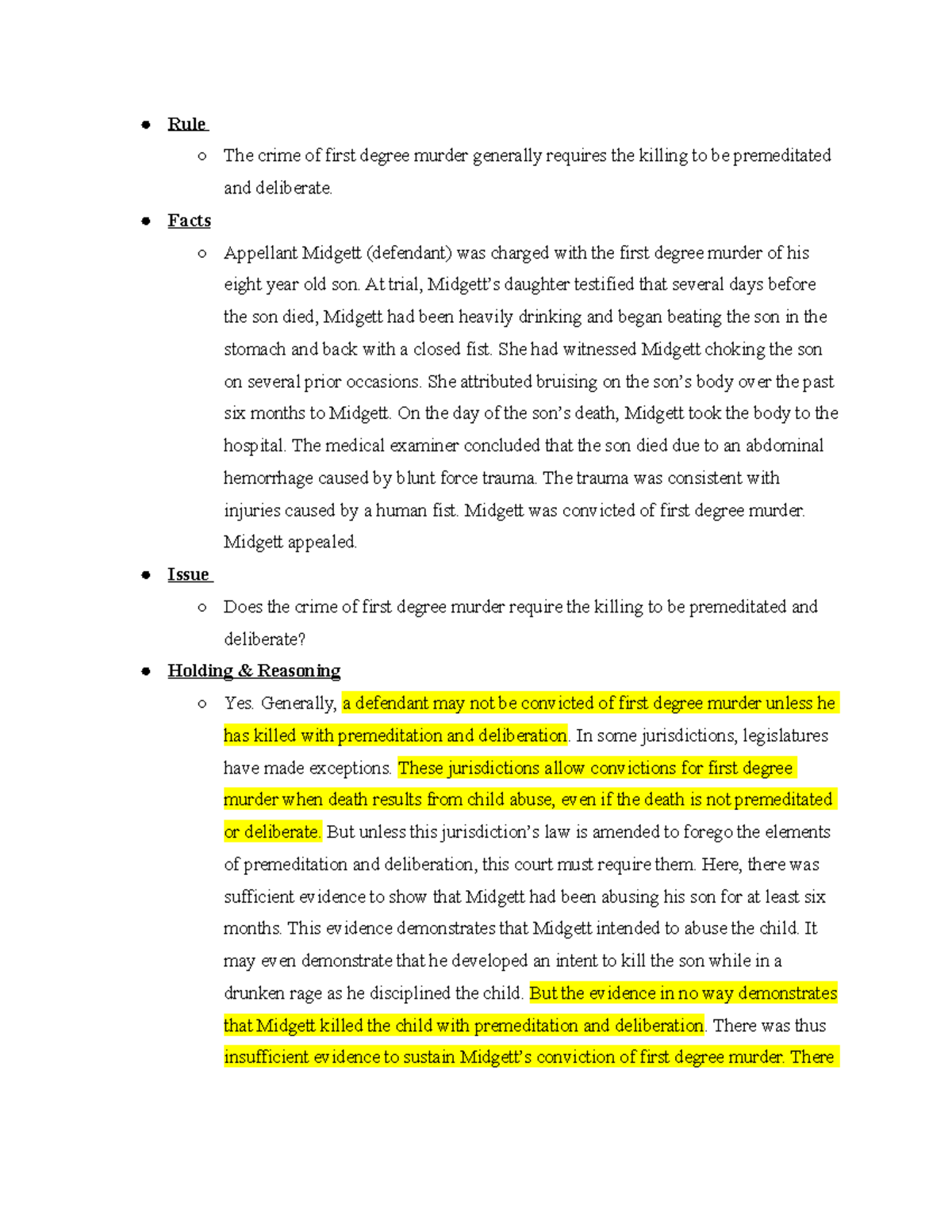 Criminal Law 2022- Midgett v. State - Rule The crime of first degree ...