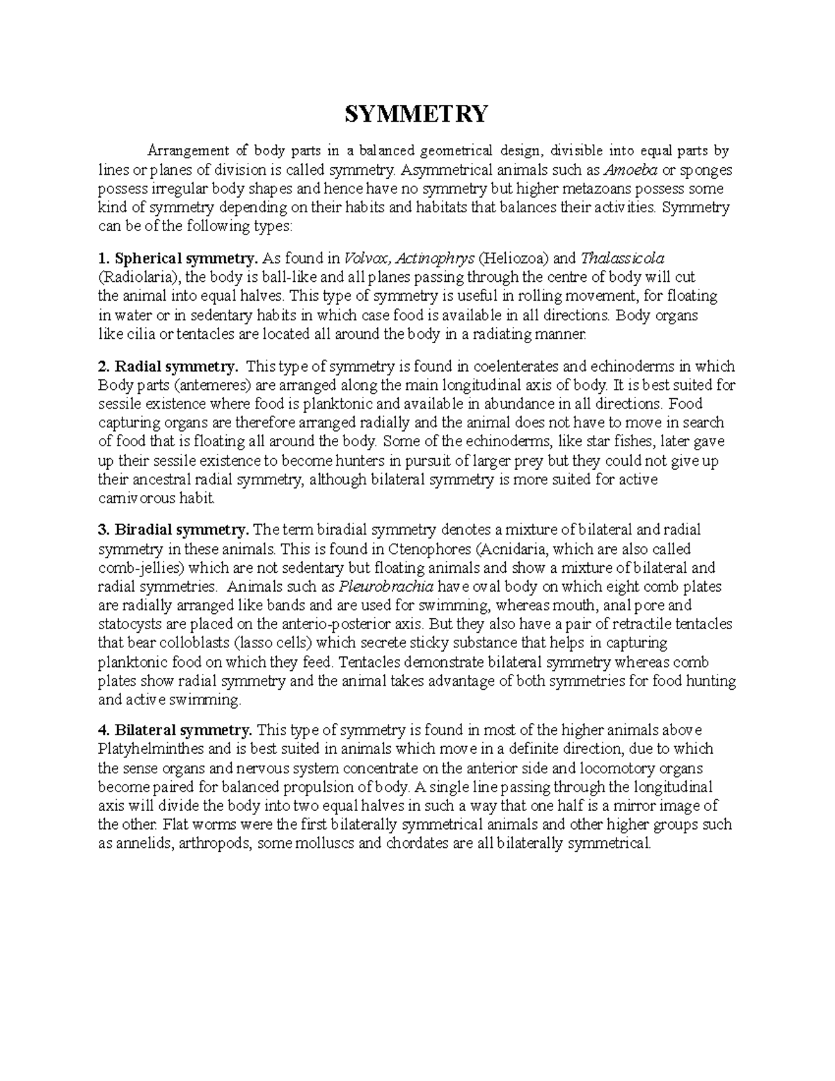 Symmetry - Lecture notes 1-3 - SYMMETRY Arrangement of body parts in a ...