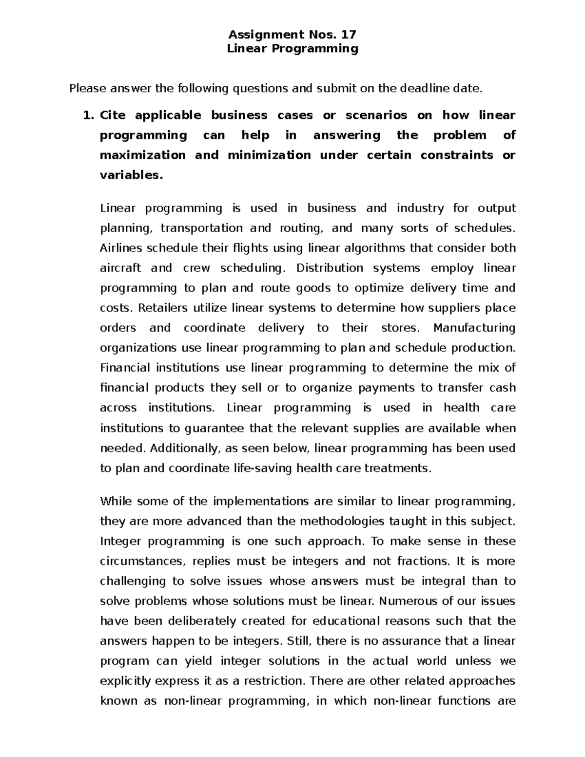 Assignment Nos. 17 Linear Programming - BS Accountancy - Studocu
