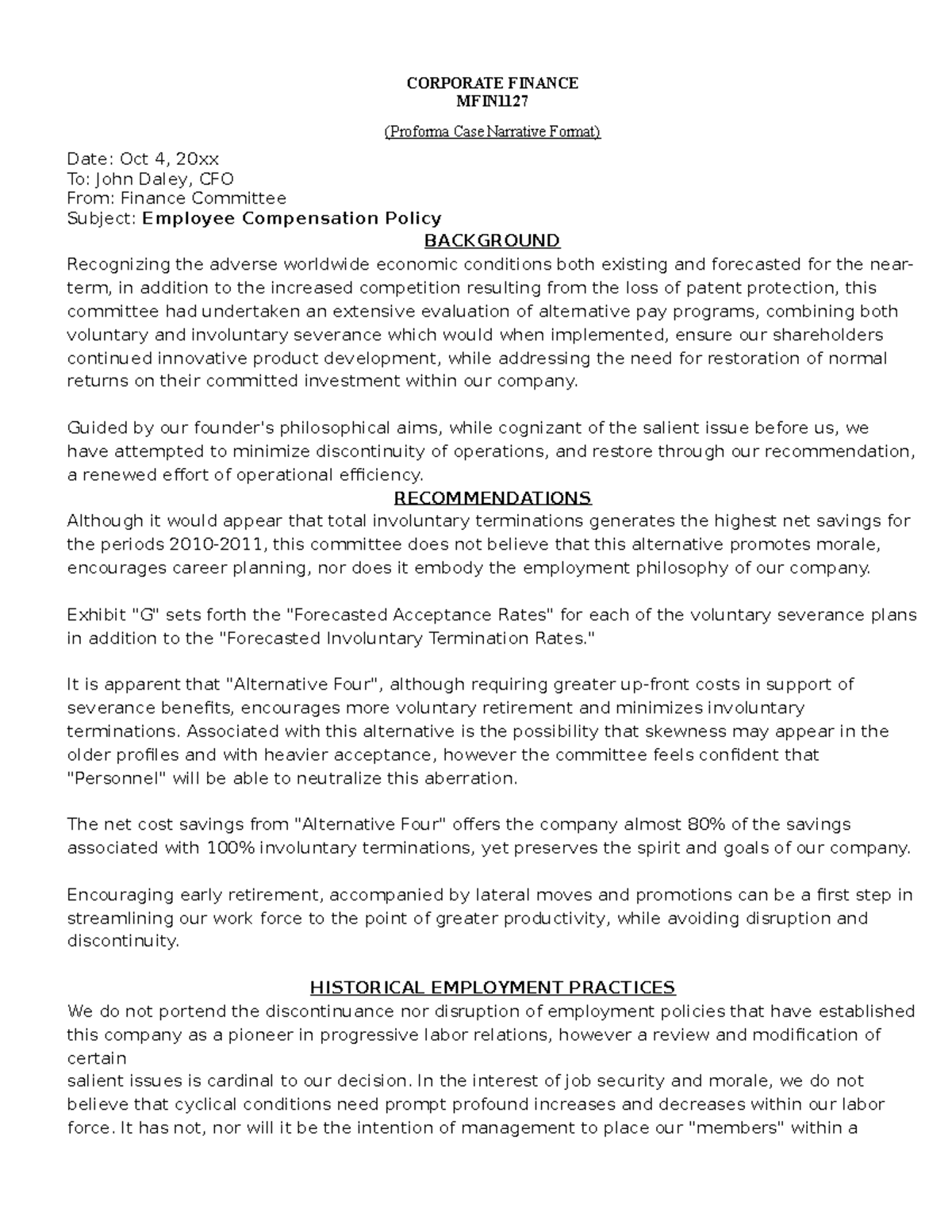 Case Narrative MFIN1127 - CORPORATE FINANCE MFIN (Proforma Case ...