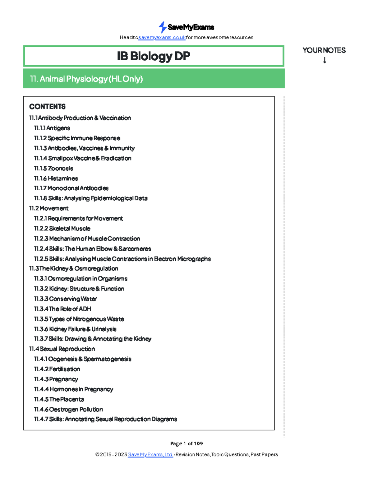 SME Biology Topic 11 Notes - Page 1 of 109 IB Biology DP 11. Animal ...